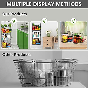 HRAYLTOP 3 Tier Wall Mounted Metal Wire Fruit Storage Basket, Hanging Kitchen Fruit Produce Storage Bins Organizer with S-Hooks and Adjustable Chalkboards, Multipurpose Bathroom Rack/Stand(Black)