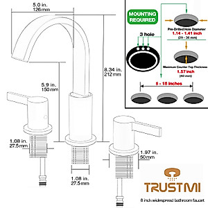 Black Bathroom Faucet, 2 Handle Basin Sink Waterfall Faucet, Brass Bathroom Faucet 3 Hole 8 Inch Widespread Deck Mounted, Hot and Cold Mix Swivel Faucet with Pop Up Drain Assembly, Matte Black