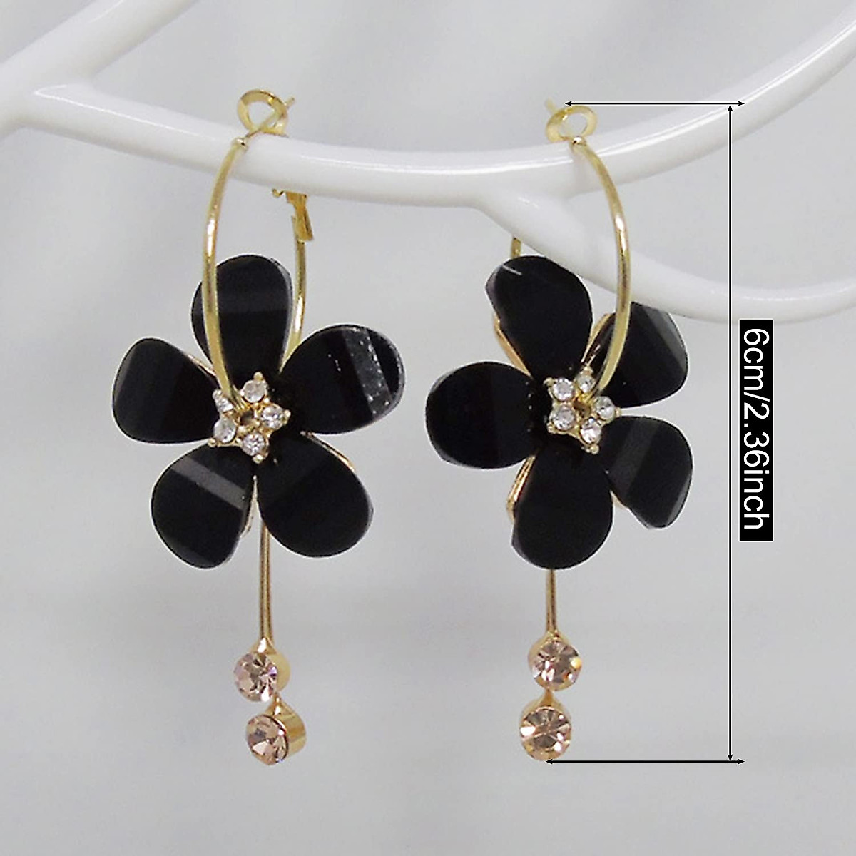 ANDPAI Elegant Romantic Bohemian Crystal Acrylic Rose Flower Dangle Drop Earrings Five Leaves Exaggerated Round Hoop long Tassel Earring for Women Statement Jewelry Gifts (Black)