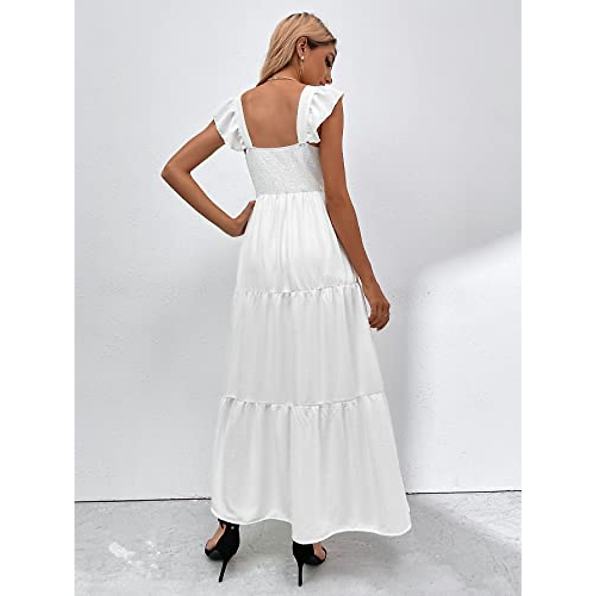 SOLY HUX Women's Summer Square Neck Sleeveless Shirred Ruffle Hem A Line Flowy Long Maxi Dress White L