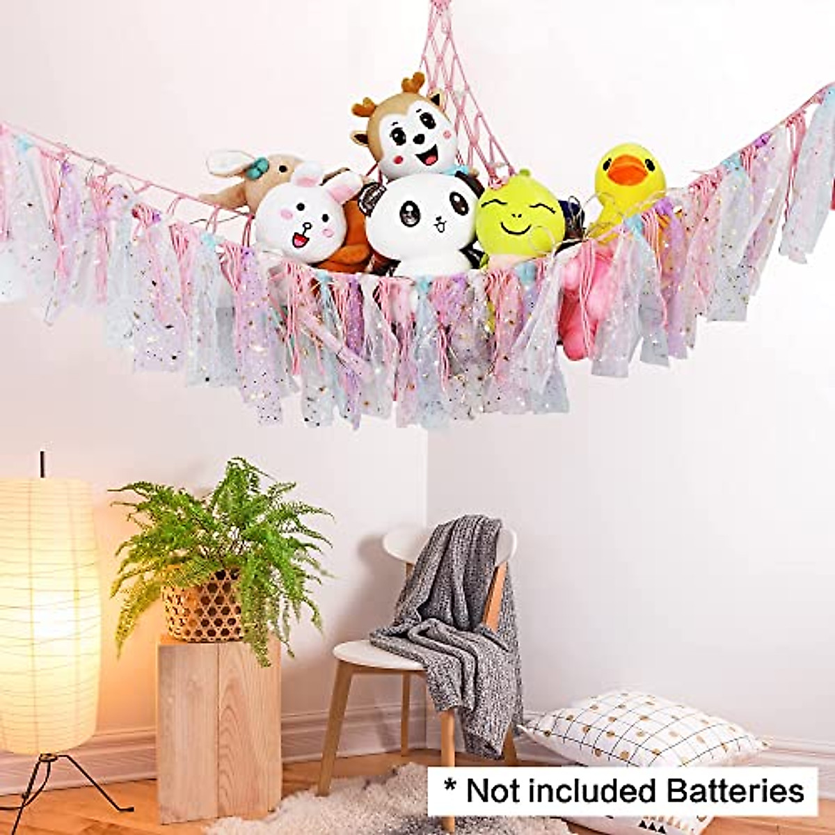 Stuffed Animal Net or Hammock with LED Light, Toy Hammock Hanging Stuffed Animal Storage Organizer Holder Room Décor with Tassels for Nursery Play Room Kids Bedroom