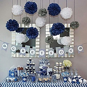 Kubert Outer Space Birthday Party Decorations 1st Birthday Boy Prince Party Decorations with Navy Silver Tissue Pom Poms Decorations Happy Birthday Banner Navy Blue Glitter Silver Paper Star Garlands