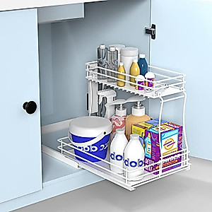 TOOYIMR under sink organizers and storage，2 Tier Pull Out cabinet Organizer with sliding storage drawer，Multi-purpose Bathroom organizer under sink shelf rack for kitchen/bathroom/office(White)