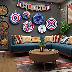 4th of July Decorations Independence Day Patriotic Decor Set - Red White Blue Paper USA Banner Flag Fans Star Streamer Pom Poms for Memorial Veterans Labor Presidents Flag Day Home Parties Accessories