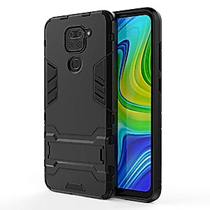 Smfu Cover for XiaoMi Redmi Note 9 Heavy Duty Shockproof Case with Kickstand Feature Hybrid Dual Layer Armor Defender Protective Cover-with Screen Protector 2 Pack-for Redmi Note 9（Black）
