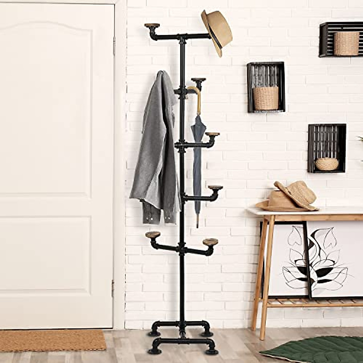 MyGift Industrial Black Metal Hat Rack Stand with 10 Round Rustic Brown Wood Hanging Hooks
