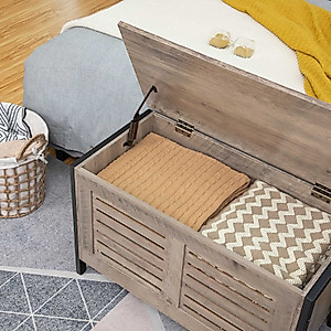 HOOBRO Storage Chest, Wooden Toy Chest, Retro Toy Box Organizer with Safety Hinge, Sturdy Storage Bench, Metal Frame, Supports 220 lb, Louvered Door, for Bedroom, Living Room, Greige BG85CW01G1