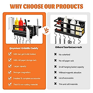 Qoyntuer Griddle Caddy for 28"/36" Blackstone Griddles/Prep Cart Accessories, Grill Caddy Space Saving BBQ Accessories Storage Box with Magnetic Tool Holder/Paper Tower/Knife Shelf/6 S-Hooks