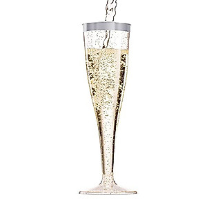 BloominGoods 50 Plastic Silver Glitter Champagne Flutes | 7 oz. Clear Hard Disposable Party & Wedding Glass | Premium Heavy Duty Fancy Cup (50-Pack)