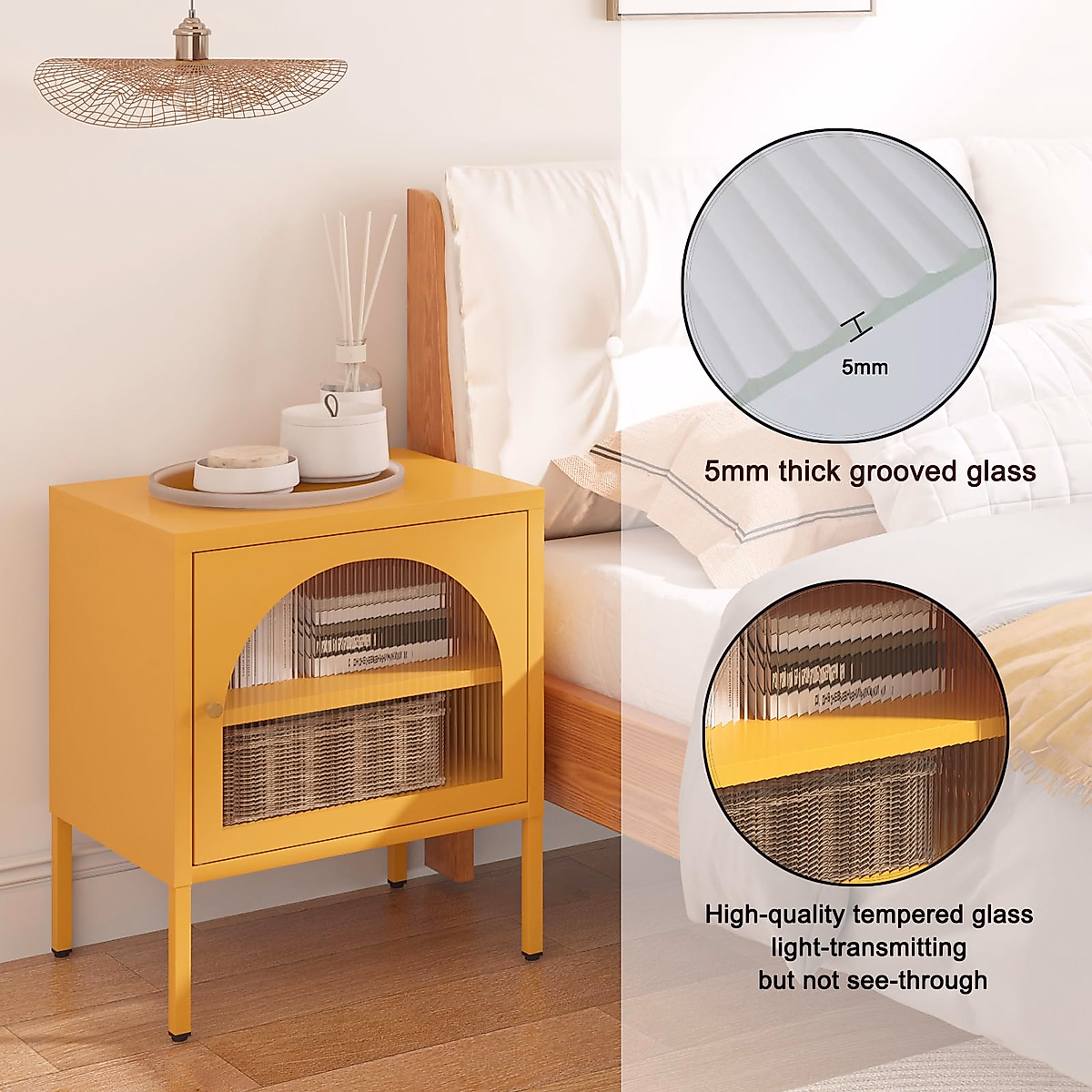 Aiasuit Single Door Nightstand Bedroom Bedside Table Adjustable Frosted Texture Storage Side Cabinet Glass Coffee Table Storage Cabinet Solid Room Side Table Yellow Size: 23.62”H x 19.68”W x 13.88”D