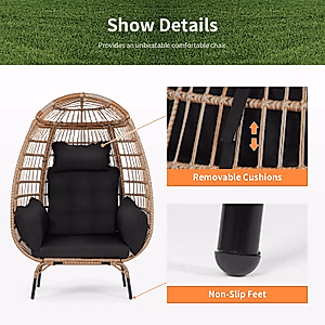 PIKAQTOP Egg Chair, Oversized Indoor Outdoor Lounger Chair for Patio, Backyard, Living Room w/ 4 Cushions and Stand, Steel Frame, 350lb Capacity, Black