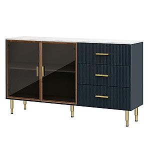 RuiSiSi Modern Sideboard Cabinet Accent Buffet Storage Glass Doors Sideboard Cabinet Marble Top with Gold Metal Legs Buffet Storage Cabinet Console Table Kitchen, Navy Blue