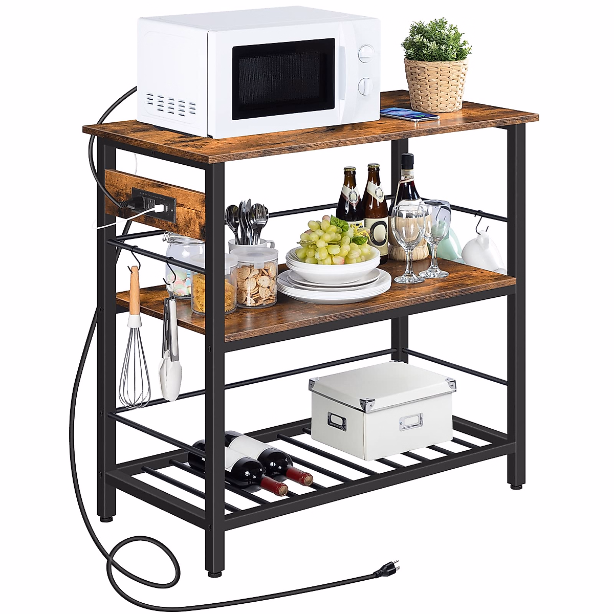 HOOBRO Kitchen Island with Storage, Kitchen Island Table with Power Outlet, 35.4" L 3 Tier Coffee Station and Microwave Stand, for Home, Kitchen and Dining Room, Rustic Brown and Black BF021ZD01
