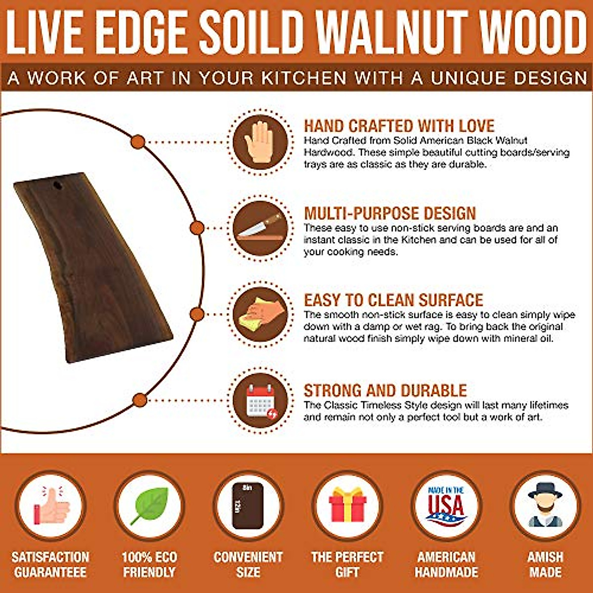 Small Live Edge Black Walnut Cutting Board, American Amish Handmade, Each Cutting Board is Unique, Large Cutting Board 5" x 10"…