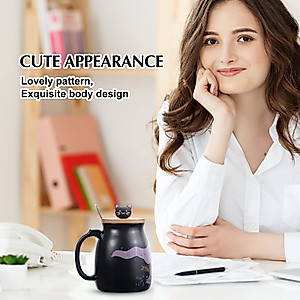 YUESHICO Witches coffee mug - Witch Ceramic Coffee Cup with Black Cat Bamboo Lid Stainless Steel Spoon, Novelty Morning Cup Tea Milk Christmas Halloween Mug Gift 420ML (Black)