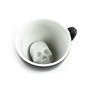 Creature Cups SKULL Ceramic Cup (11 Ounce, Black Exterior) | Hidden 3D Creature Inside Mug Emerges As You Drink | Spooky Creepy Coffee & Tea Cup