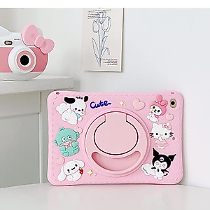 for iPad 9th/8th/7th Generation Case, iPad 10.2 Case 2021/2020/2019, with 360° Rotatable Kickstand Cute Cartoon Shockproof 10.2 Inch Silicone Case (Pink)