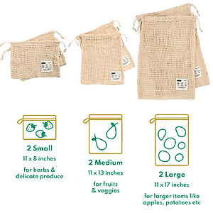 Betterblue 100% Organic Cotton Produce Bags, Reusable & Eco Friendly, Set of 6