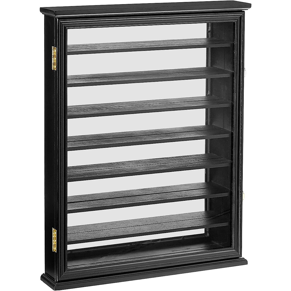 64 Shot Glass Display Case Holder Shot Glass Cabinet, Small Curio Display, Hinged Acrylic Door, Black