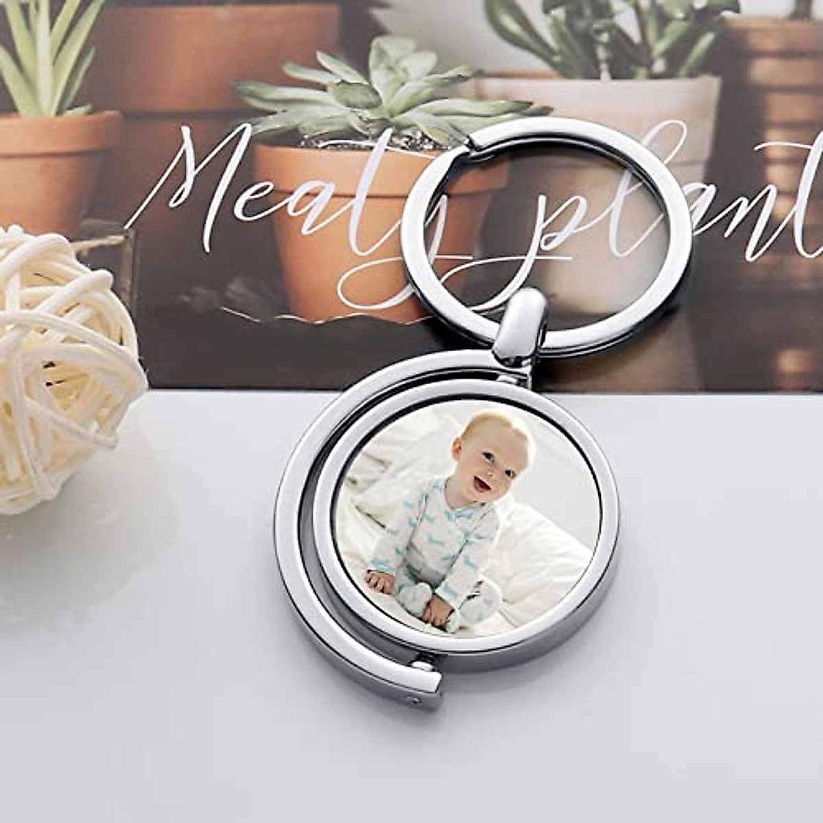 Personalized Custom Keychain with Picture - Turnable Double Sided Colorful Photo Key chains Memorial Gifts for Family Lover, Half Round - Silver
