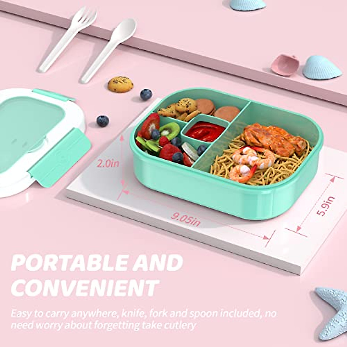 RGNEIN Bento Box Adult Lunch Box, 1300 ML 4-Compartment Bento Lunch Box for Kids, No BPA, Lunch Containers for Adults Come with Fork and Spoon, Leak Proof, Microwaveable, Dishwasherable (Green)