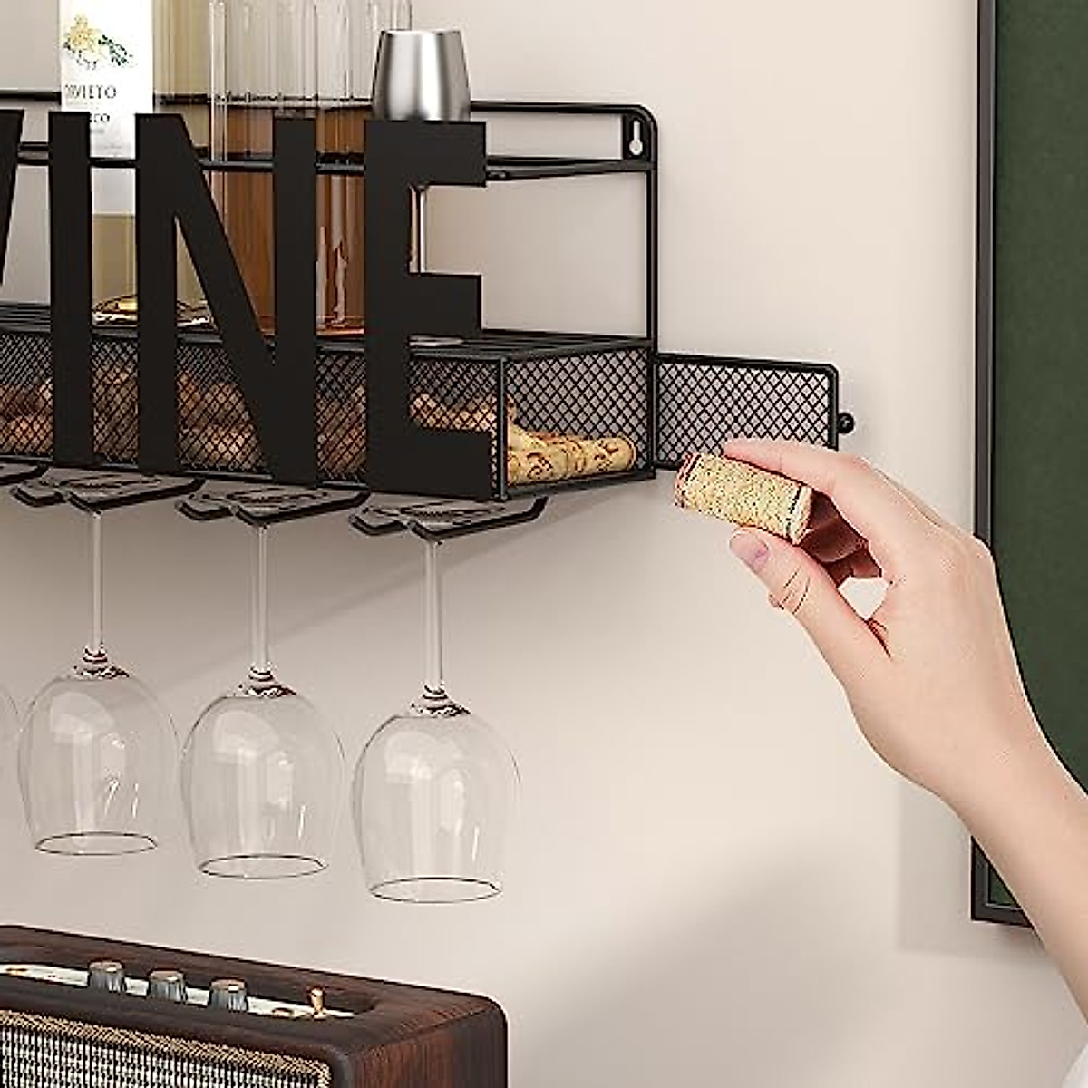 SODUKU Wall Mounted Metal Wine Rack 4 Long Stem Glass Holder & Wine Cork Storage Wine
