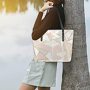MNSRUU Tote Bag for Women Rose Gold Pink Geometry Marble Shoulder Bag Big Capacity PU Leather Handbag