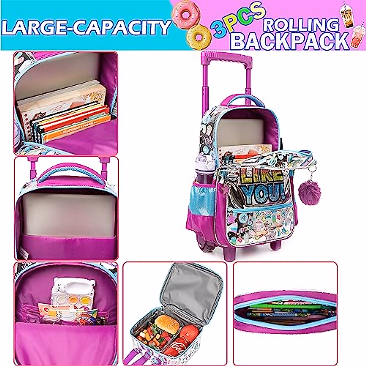 Meetbelify Rolling Backpack for Girls Backpack with Wheels Kids Luggage for Elementary Students with Lunch Box Set for Girls Purple