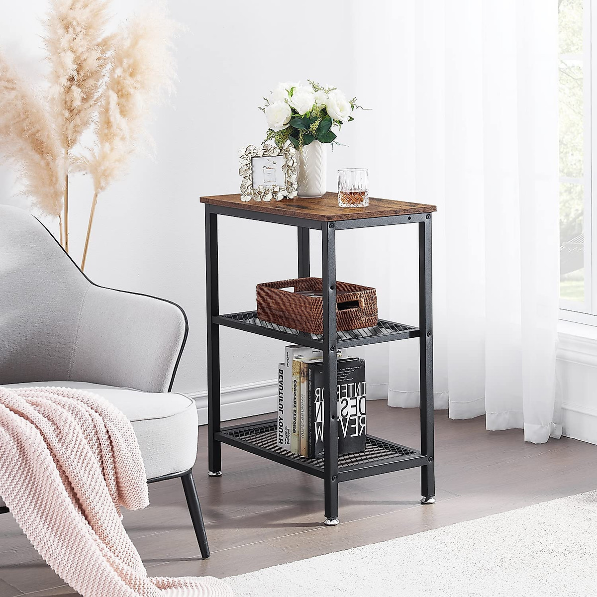 VECELO Tall End Side Tables,30" Height Nightstand with 3-Tier Storage Shelf for Bedroom Living Room, Easy Assembly,Industrial Style, 1-Pack, Retro Brown