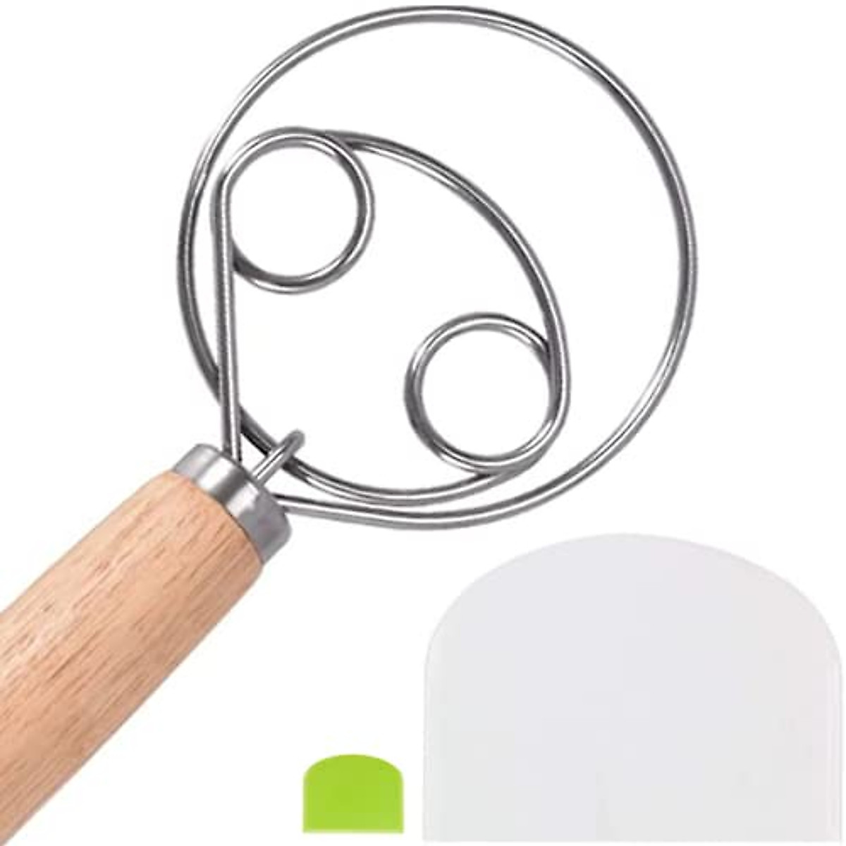 Sofease The Original Danish Dough Whisk - 304 Stainless Steel Ring Nonstick Dutch Whisk for Dough - Long Wooden Danish Dough Whisker Bread Mixer Handle Bundle with Flexible Plastic Scraper Cutter