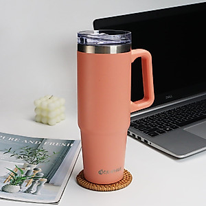 AQUAPHILE 35oz Tumbler with Handle, Insulated Coffee Tumbler with Leak-proof Lid and Straw, Reusable Stainless Steel Water Bottle, Double Wall Travel Coffee Mug for Hot&Cold Drinks(Peach Pink)