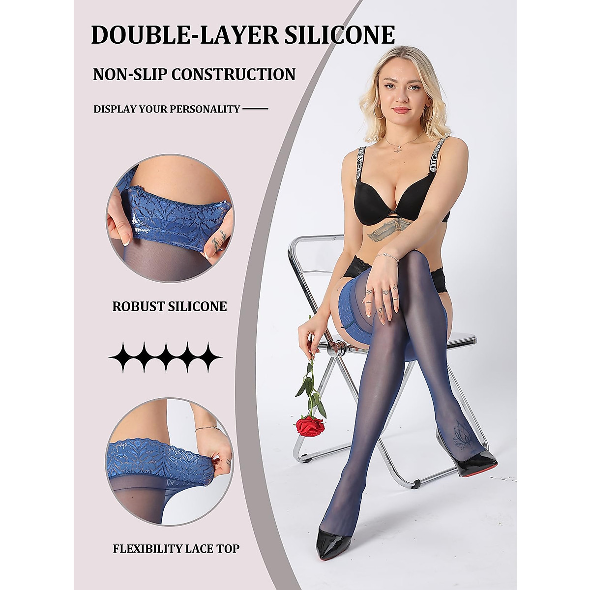 MERYLURE 15D Sheer Thigh High Stockings for Women with Double Silicone Lace Top Valentines Day Pantyhose Stay Up Nylons