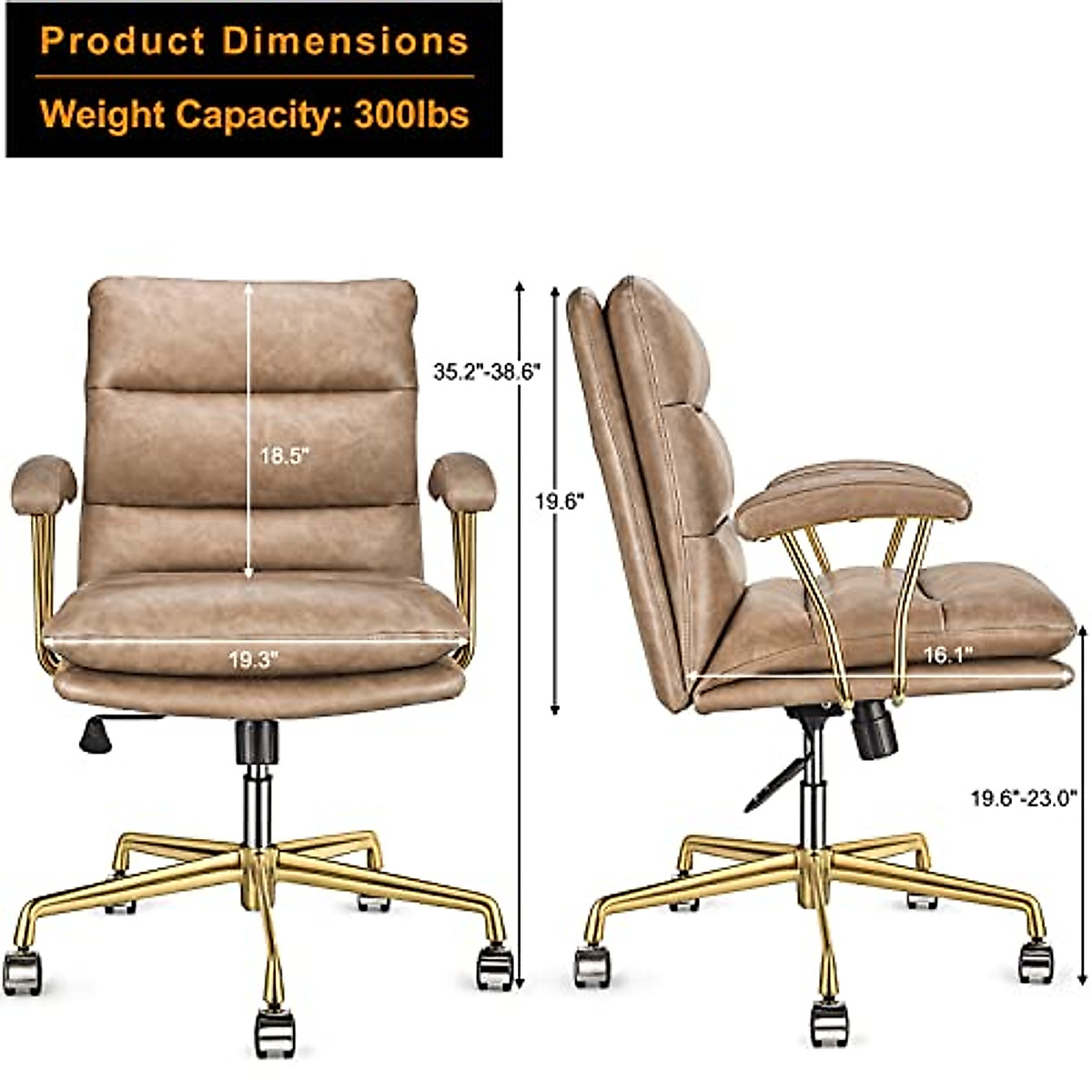 LEAGOO Mid Back Home Office Desk Task Chair with Wheels and Arms Ergonomic PU Leather Computer Rolling Swivel Chair with Padded Armrest (Khaki)