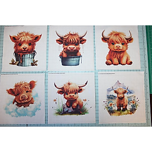 6 Piece 8"x8" Cute Baby Highland Cows 100% Cotton Fabric Panel Squares - Quilting Panel Blocks