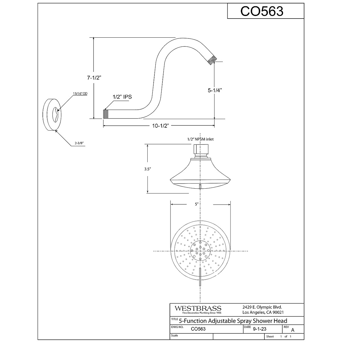 Westbrass CO563-07 5" Round Thin 5-Function Adjustable Spray Shower Head with 8" S-Shaped Wall Mount Shower Arm, Satin Nickel