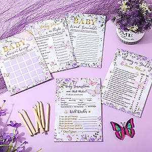 Nuanchu 145 Pcs Butterfly Theme Baby Shower Games, 5 Games, 25 Sheets Each with 20 Pencils, Baby Shower Bingo, Guess Who, Word Scramble, Baby Descriptions and Wishes Game