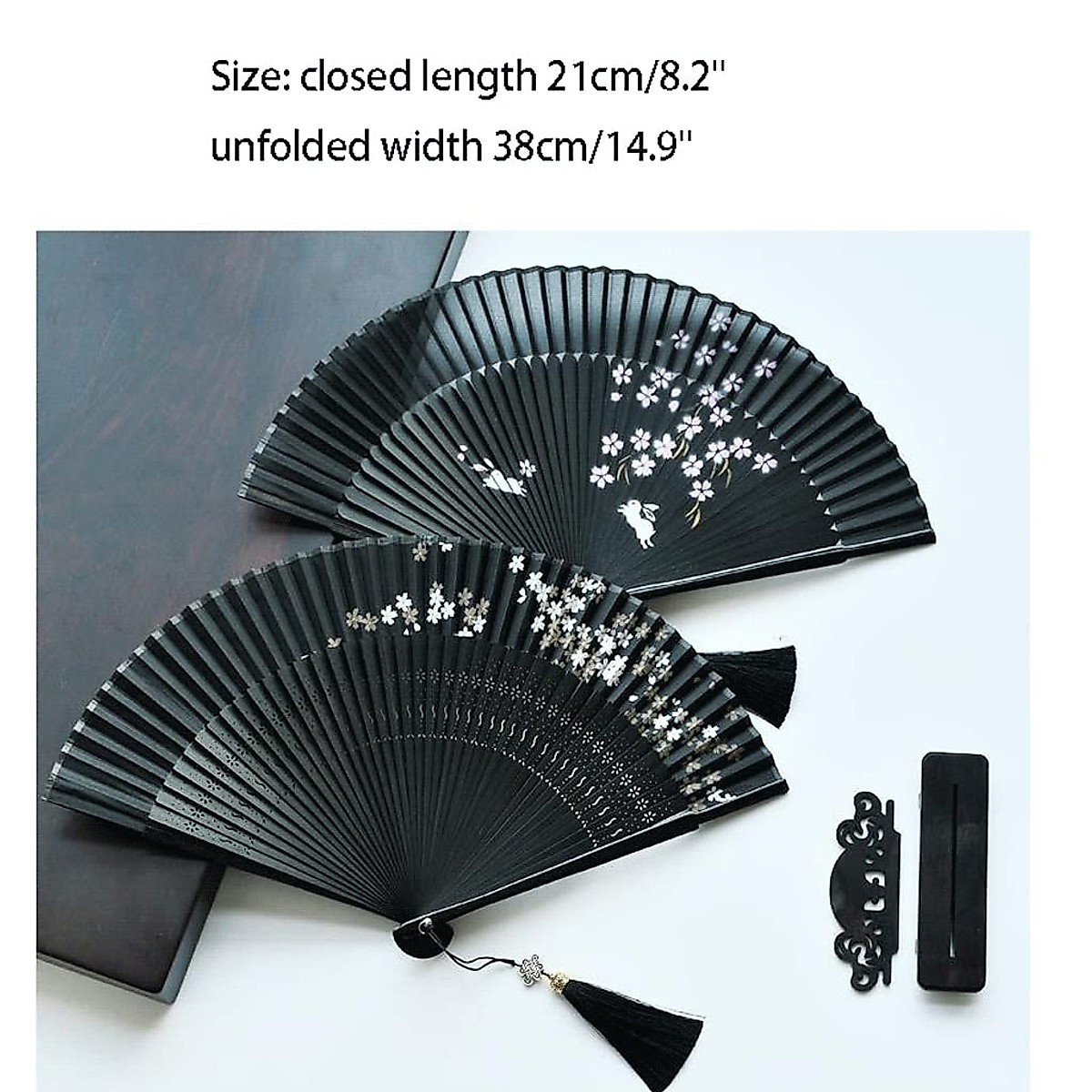 Folding Hand Held Fan for Women Sakura Chinese/Japanese Vintage Retro Style Portable Bamboo Silk Folding Fan Black Fans Gift (Color : Black E)