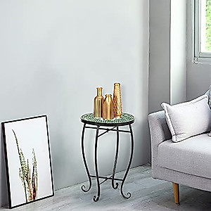 Henf Mosaic Side Table Outdoor Patio Accent Table, 14" Round Coffee Table End Table Plant Stand Decor for Porch Balcony Deck Pool