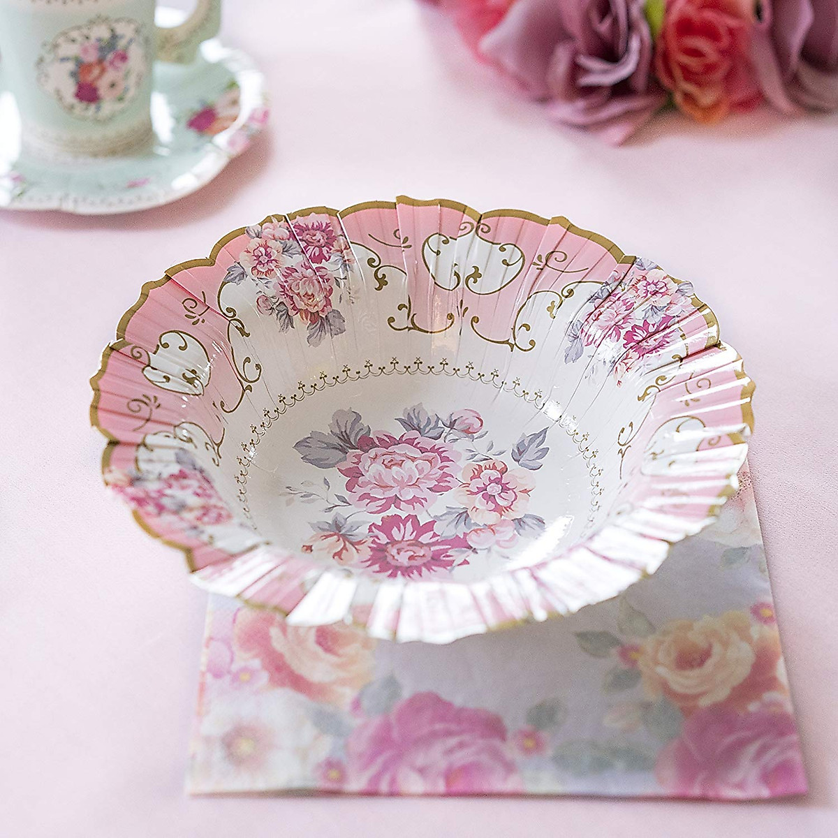 Talking Tables Truly Scrumptious Vintage Floral Paper Bowls in 2 Designs for a Tea Party or Birthday, Blue/Pink (24 Pack)