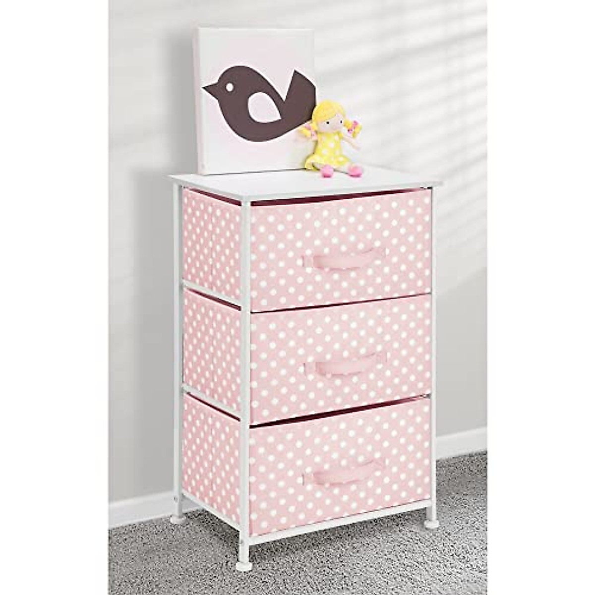 mDesign Storage Dresser End/Side Table Night Stand Tower Unit with 3 Removable Fabric Drawers - Organizer for Baby, Kid, and Teen Bedroom, Nursery, Playroom, or Dorm, Pink/White Polka Dot