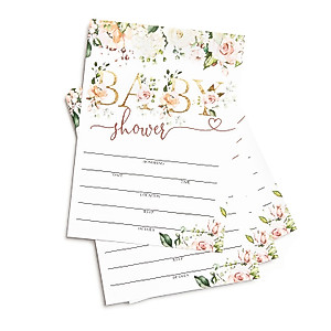 All Ewired Up Wildflower Baby Shower Invitations for Girl with Envelopes, 25 Invites, Diaper Raffle Tickets, Baby Shower Book Request Cards - Watercolor Gold Blush Greenery (Large Size 5X7”)