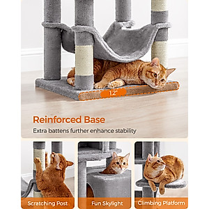 Feandrea Cat Tree, 61-Inch Cat Tower for Indoor Cats, Plush Multi-Level Cat Condo with 5 Scratching Posts, 2 Perches, 2 Caves, Hammock, 2 Pompoms, Light Gray UPCT192W01