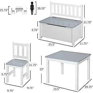 Qaba 4-Piece Kids Table Set with 2 Wooden Chairs, 1 Storage Bench, and Interesting Modern Design, Grey/White