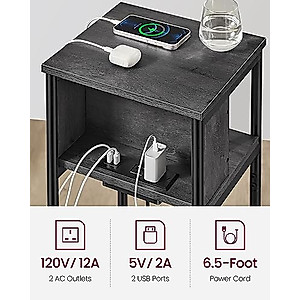 VASAGLE Side Table with Charging Station, 3-Tier End Table with USB Ports and Outlets, Nightstand for Living Room, Bedroom, 11.8 x 13.4 x 22.8 Inches, Plug-in Series, Misty Gray and Black ULET373B68