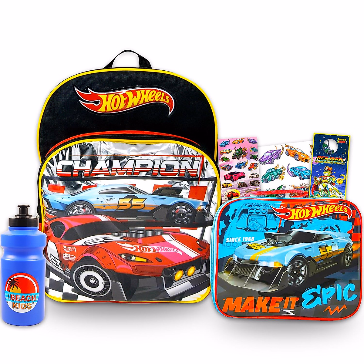 Hot Wheels Backpack with Lunchbox Set for Boys Kids ~ 2 Pc Bundle with Deluxe 16" Hot Wheels Racecar Backpack and Insulated Lunch Bag with Stickers, Tattoos, and More (Hot Wheels School Supplies)