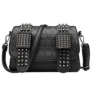 RainboSee Women Punk Skull Shoulder Top-Handle Bag Rivet Purse Handbag Chain Satchel Tote Black