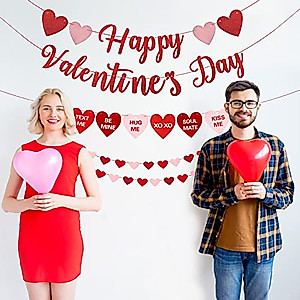 Happy Valentines Day Banner, Red & Pink Heart Garland Valentines Day Garland Conversation Hearts Decorations for Valentines Day Decor, Wedding Engagement Anniversary Party Home Fireplace Decorations