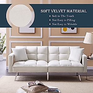 Convertible Velvet Futon Sofa Bed, Modern Sleeper Sofa with 2 Pillows, 3 Adjustable Angles for Backrest, Living Room Couch with 5 Sturdy Metal Legs, Upholstered Loveseat for Home, Office, White