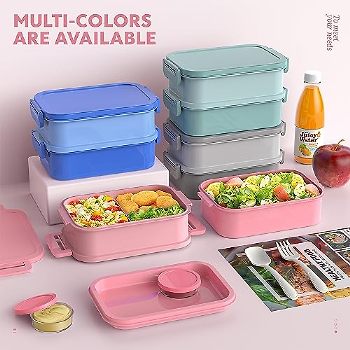 Jelife Bento Lunch Box for Adults - 3 Layers Leak-Proof Stackable Bento Box for Adults, 72oz Large-Style All-in-One Adult Lunchbox Bento Box with Utensil Accessories for Dining Out,Work, Pink