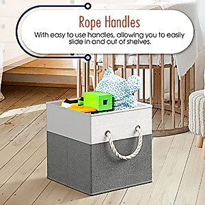 Ornavo Home Foldable Collapsible Storage Box Bins Linen Fabric Shelf Basket Cube Organizer with Rope Handles - Set of 6-13 x 13 x 13 - White/Gray